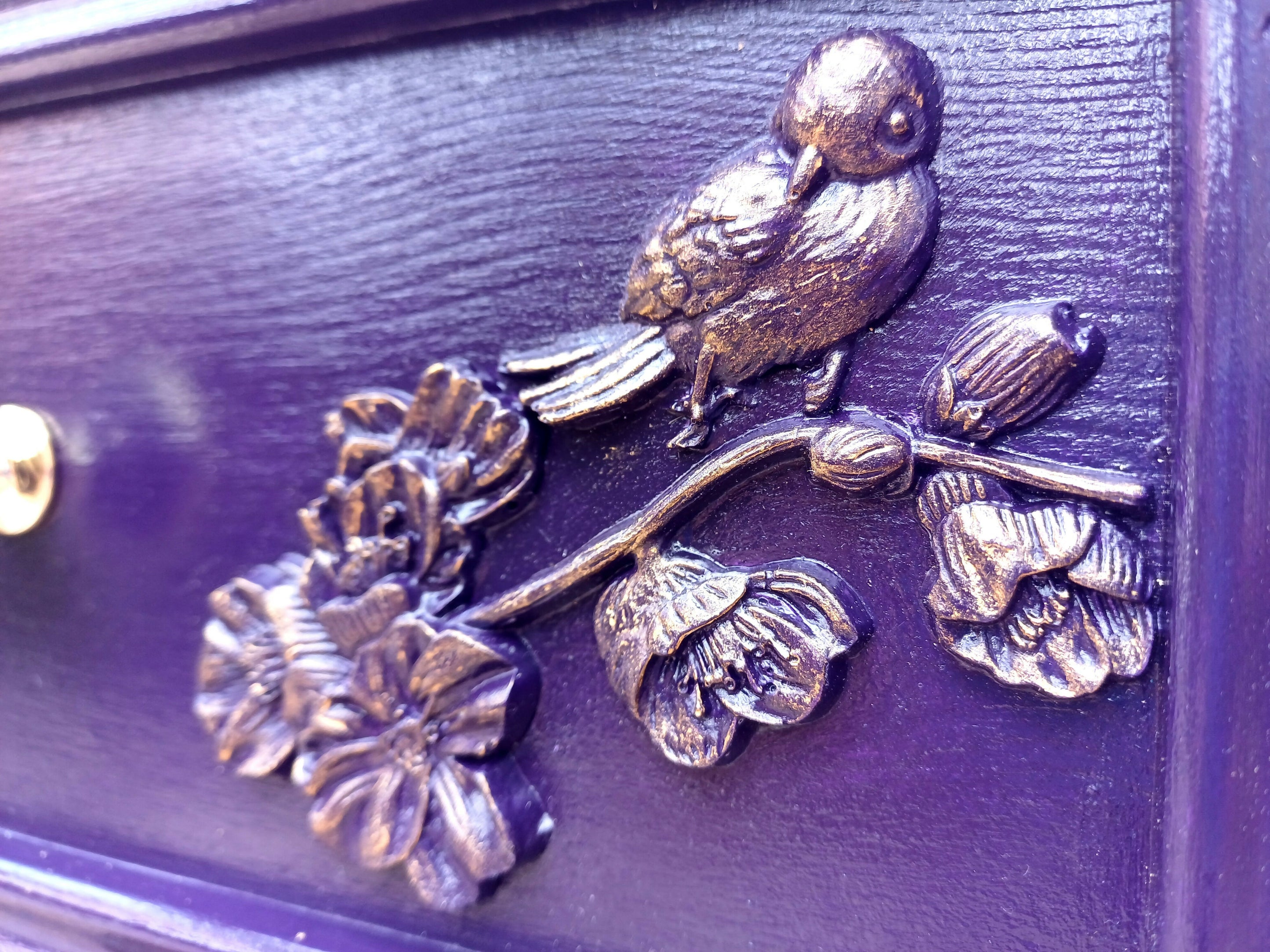 Upcycled Deep Purple and Gold Dressing Table with Flower and Bird Moul ...