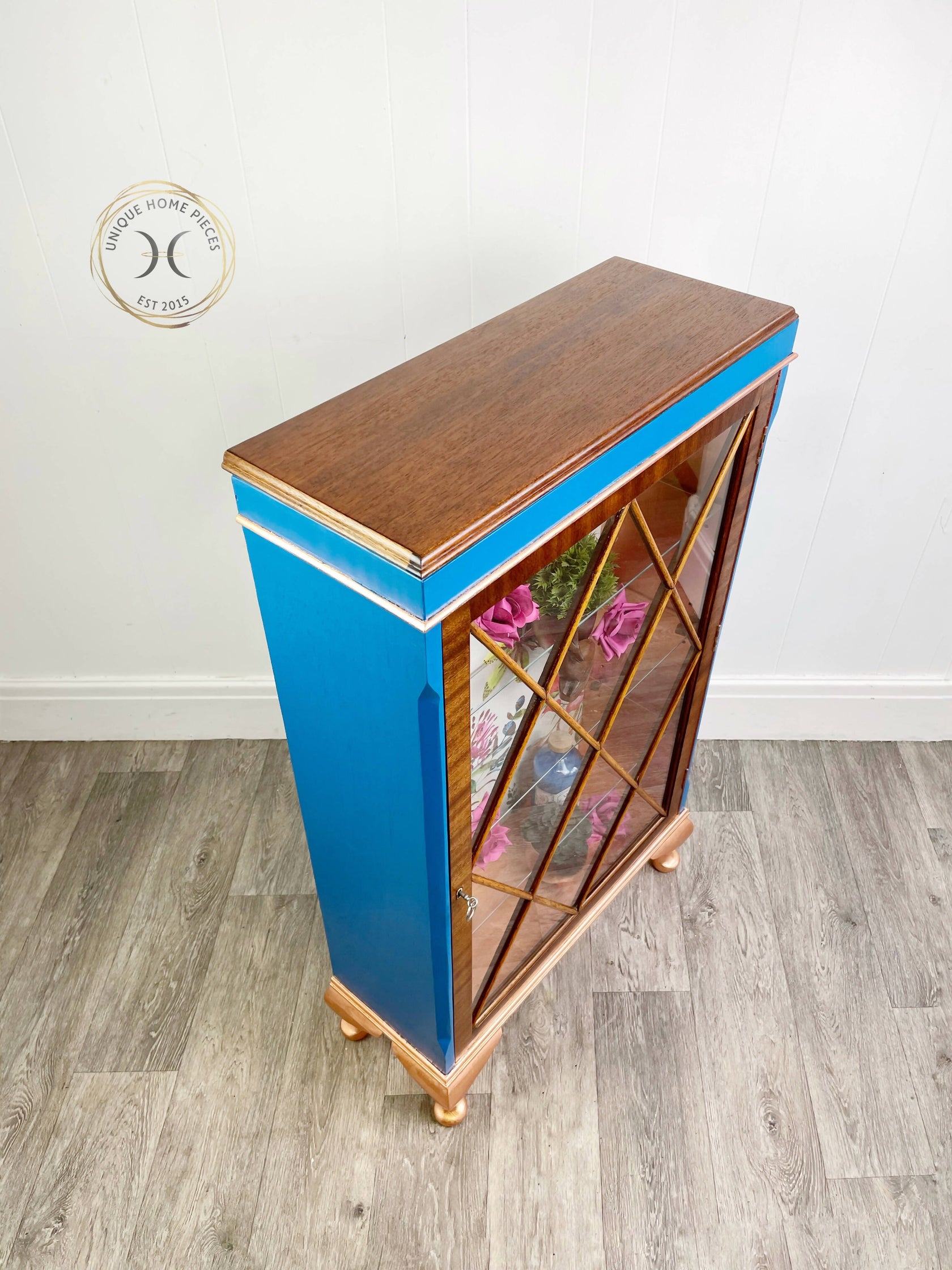 Blue Drinks Cabinet, Glass Fronted Display case – Upcite